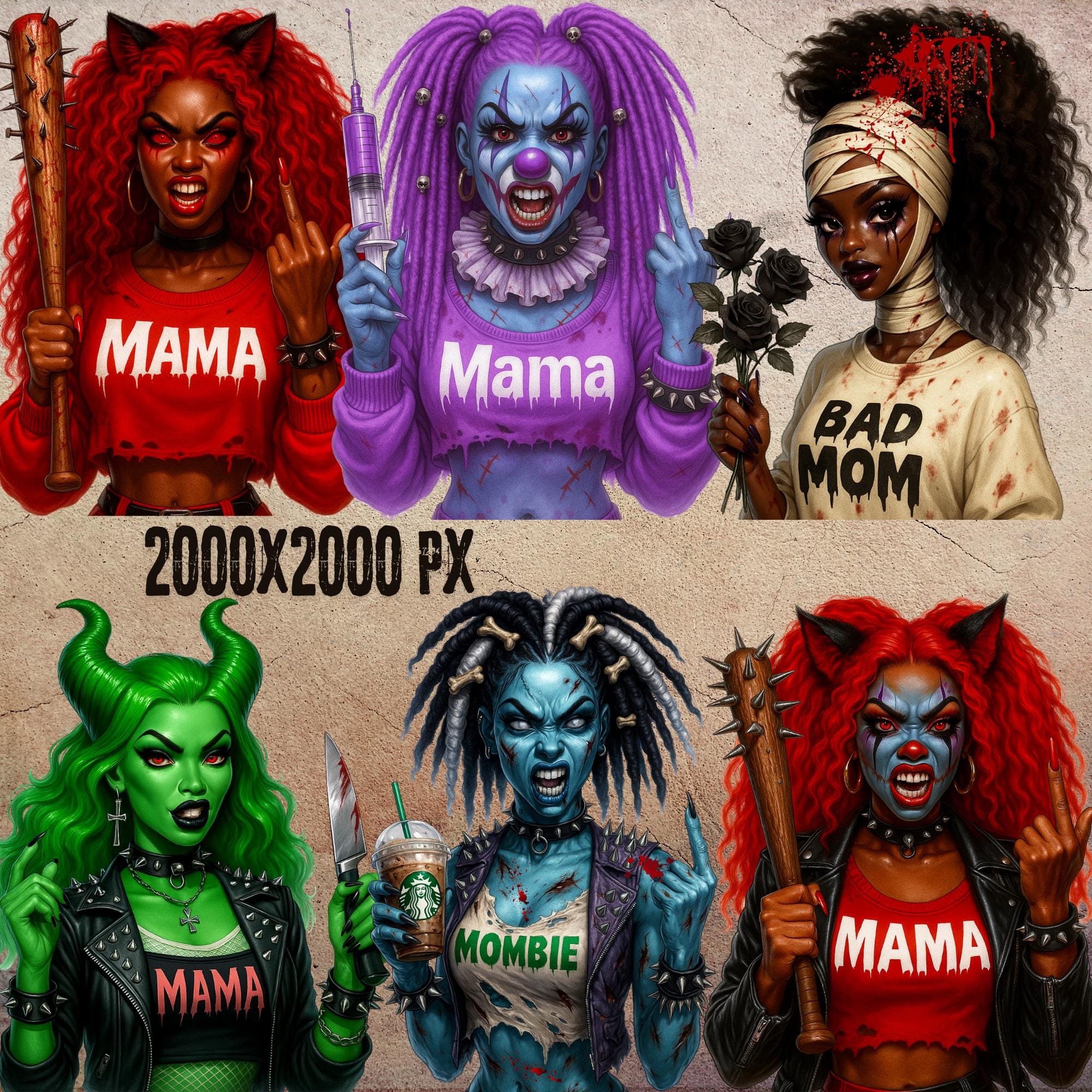 Black Horror Mama Bundle,creepy Cute Halloween Afro Woman Clipart,black ...