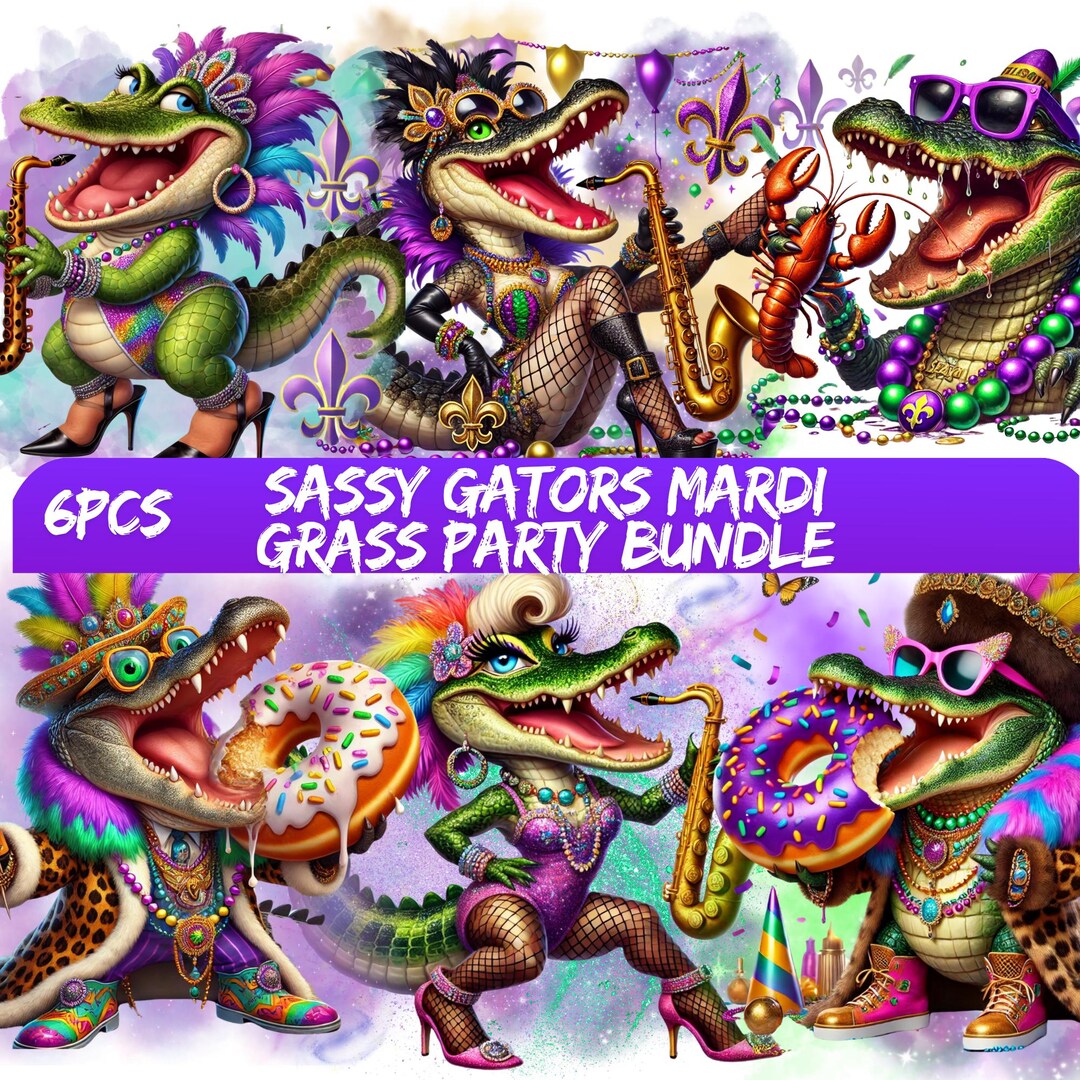 Sassy Gators Mardi Gras Party PNG Bundle,funky Alligator Clipart,jazz ...