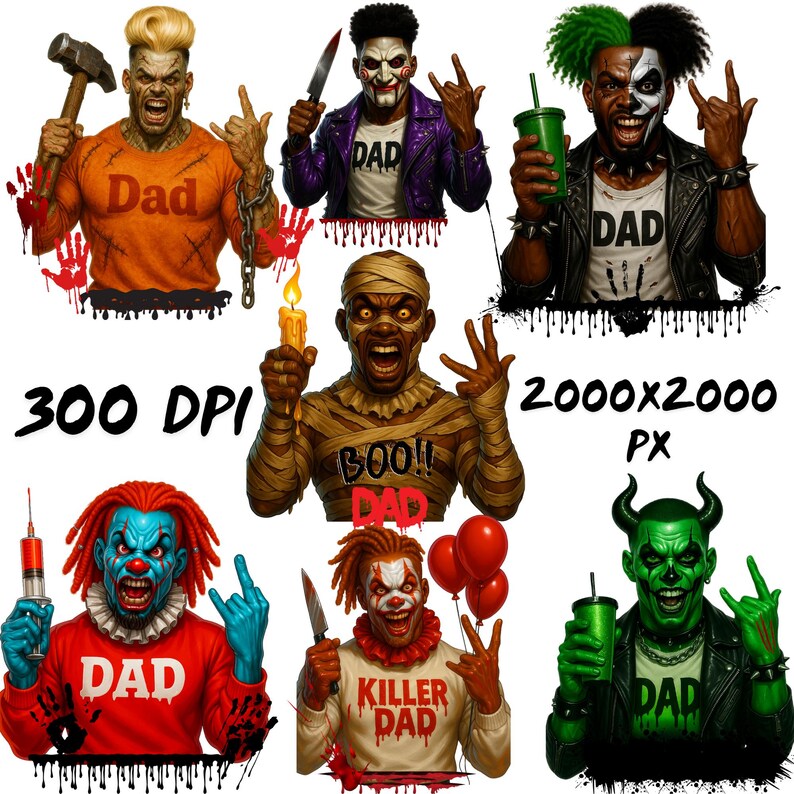 Black Horror Dad PNG Bundle,50 Halloween Scary Dad Clipart,creepy ...