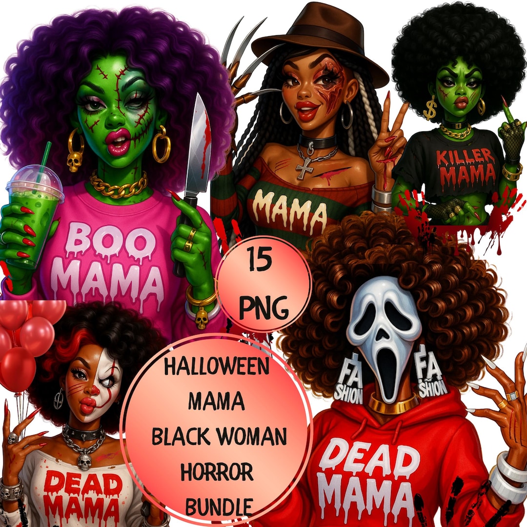 Halloween Mama Black Woman Horror Clipart Bundle,creepy Cute Afro Glam ...