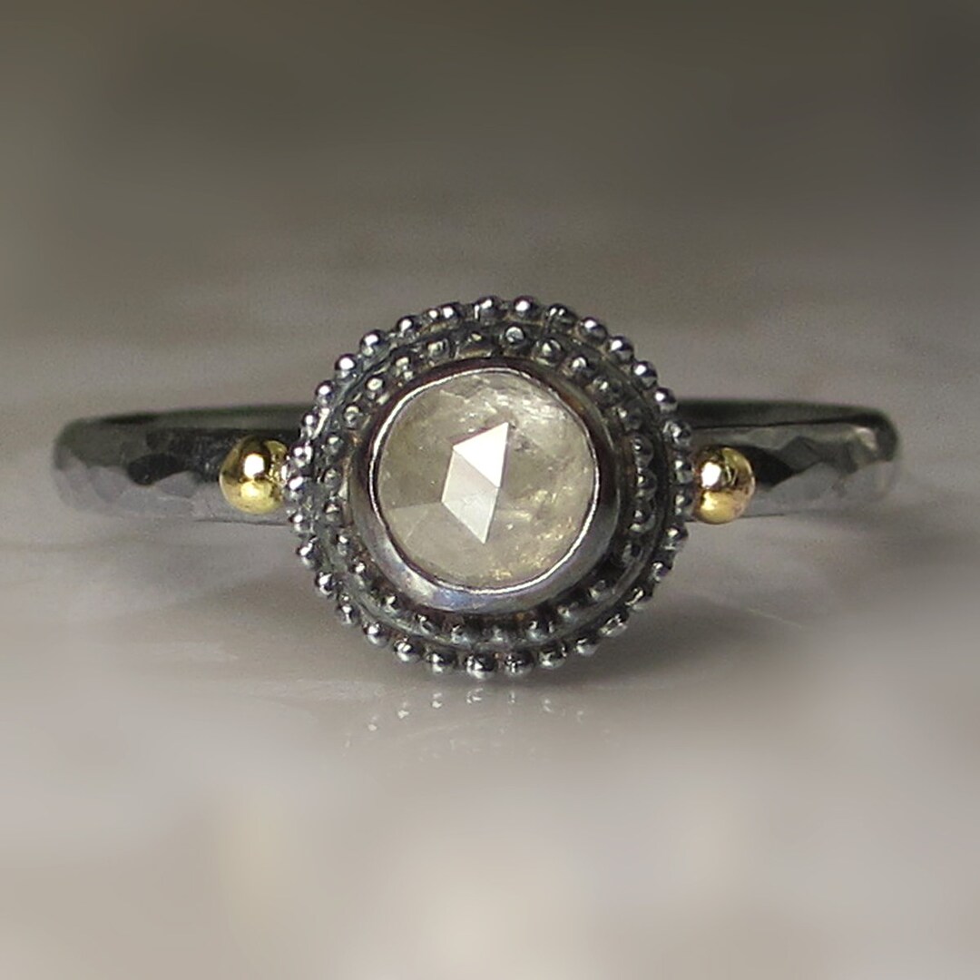 Rose Cut Diamond Ring, Oxidized Diamond Engagement Ring, 14k Yellow ...
