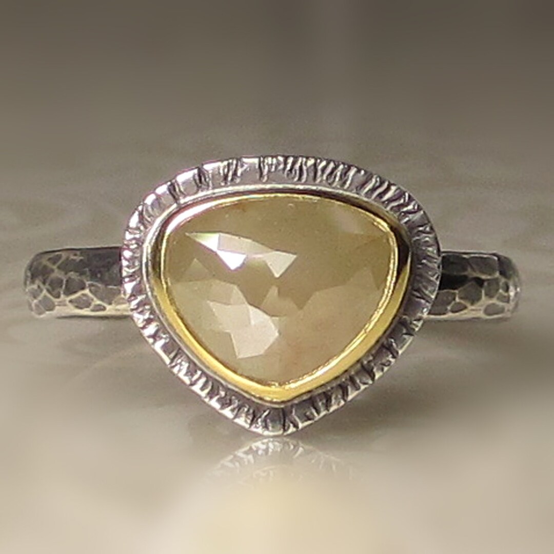 Rose Cut Diamond Engagement Ring, Hammered Diamond Ring, 22k Gold Gold ...