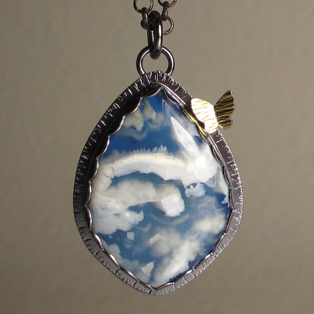 Plume Agate Pendant, Cloud Stone Pendant, Cloud Agate, 18k Yellow Gold ...