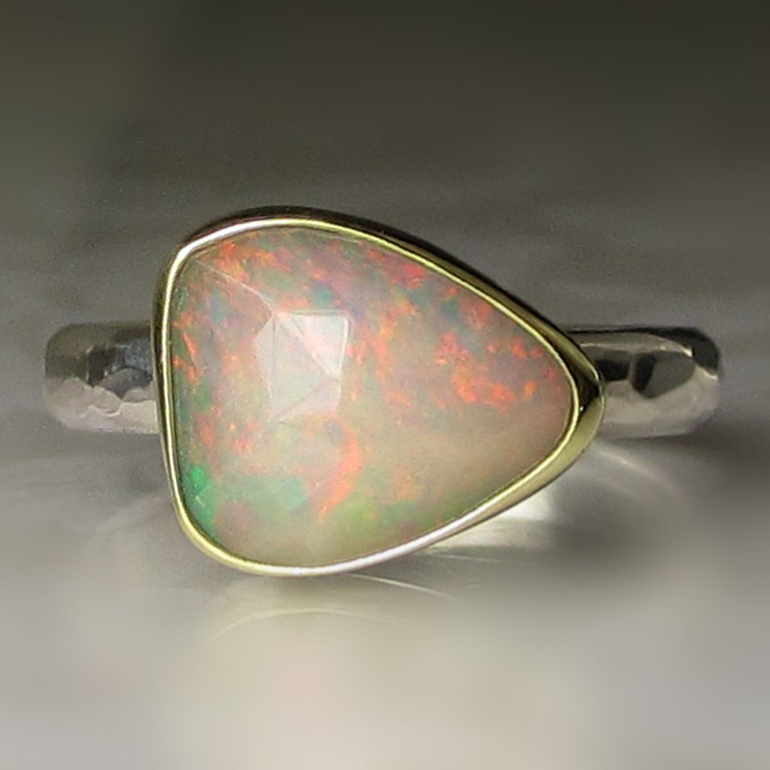 Opal Ring, Solid Opal Ring, Rose Cut Ethiopian Opal Ring, Hammered Opal ...