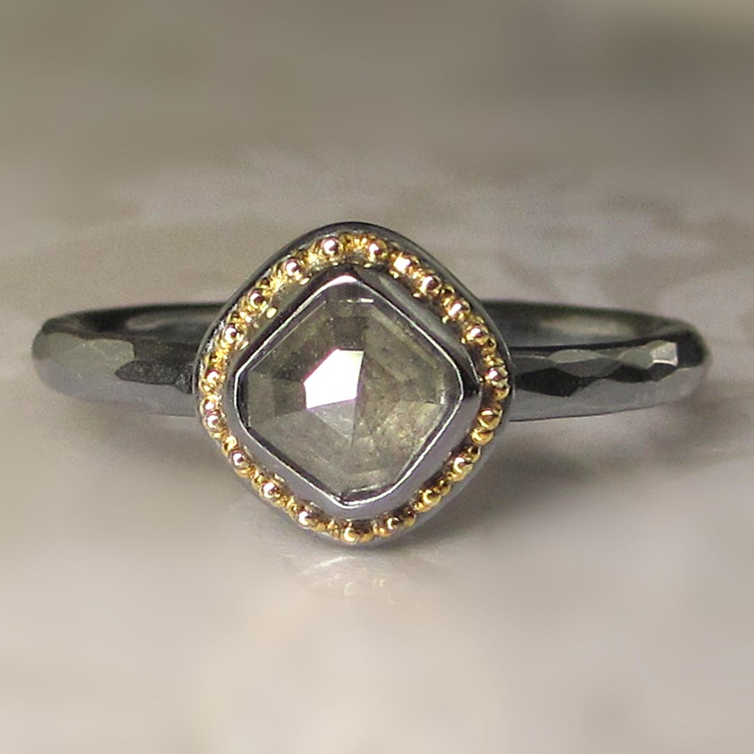 Granulated Diamond Ring, 22k Gold Rose Cut Diamond Engagement Ring, 22k Gold and Oxidized ...
