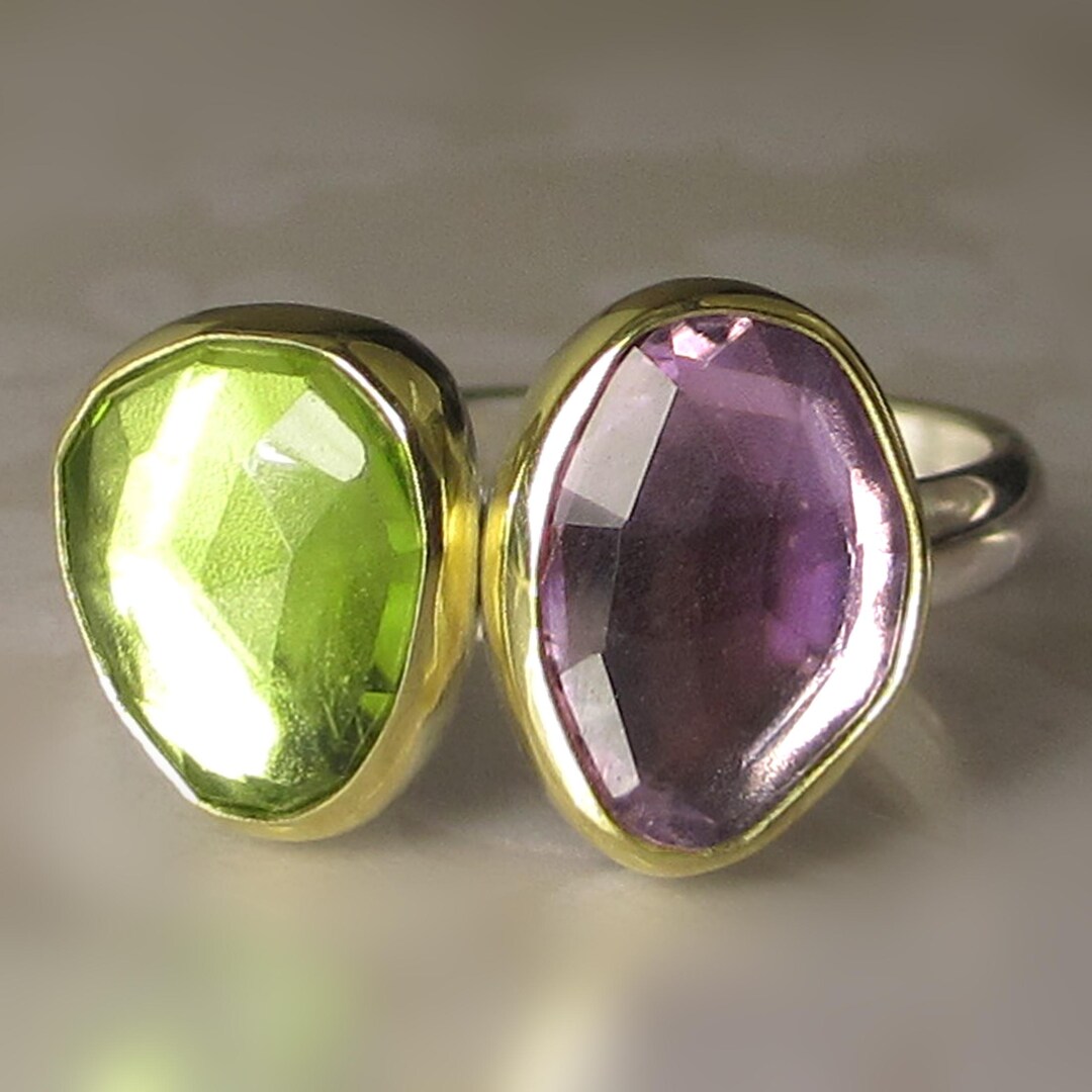 Peridot and Amethyst Ring, Rose Cut Peridot Amethyst Ring, 18k Gold and ...