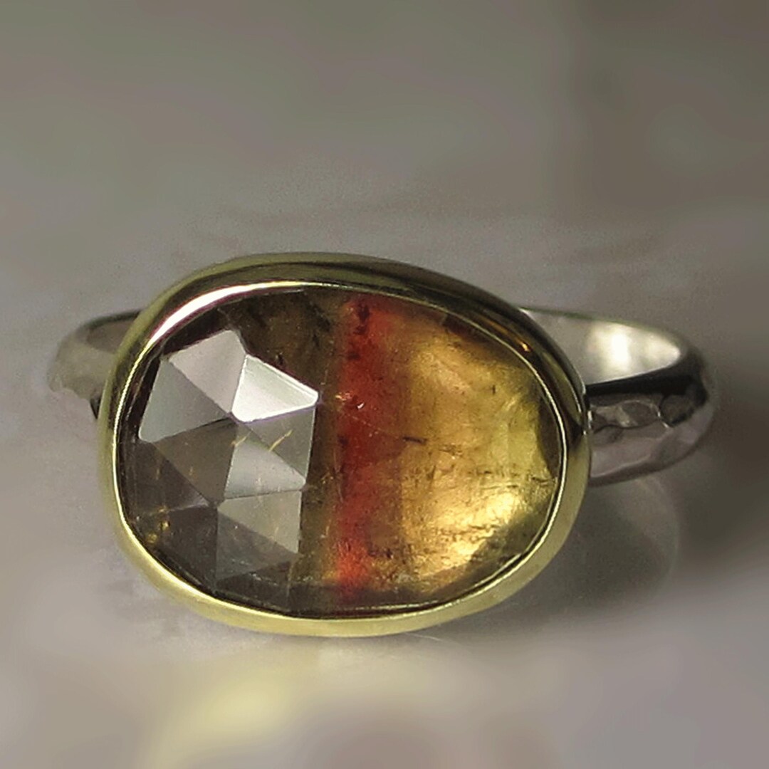 Rose Cut Bicolor Tourmaline Ring, Hammered Watermelon Tourmaline Ring ...