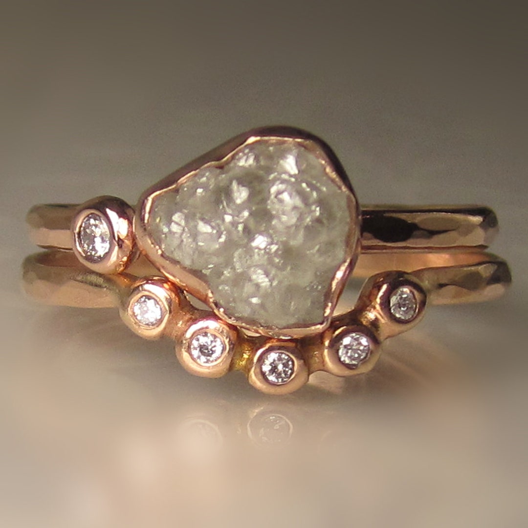 Raw Diamond Engagement Ring Set: Hammered 14k Rose Gold Bridal Ring - Etsy