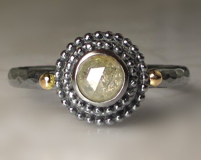 Rose Cut Diamond Ring, Oxidized Rose Cut Diamond Engagement Ring, 14k Yellow Gold and Oxidized ...