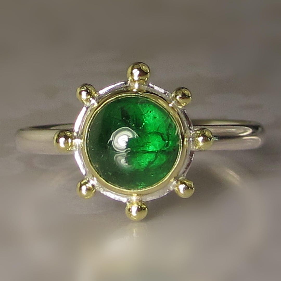 Tsavorite Ring, 18k Gold and Sterling Silver Granulated Ring, Tsavorite ...