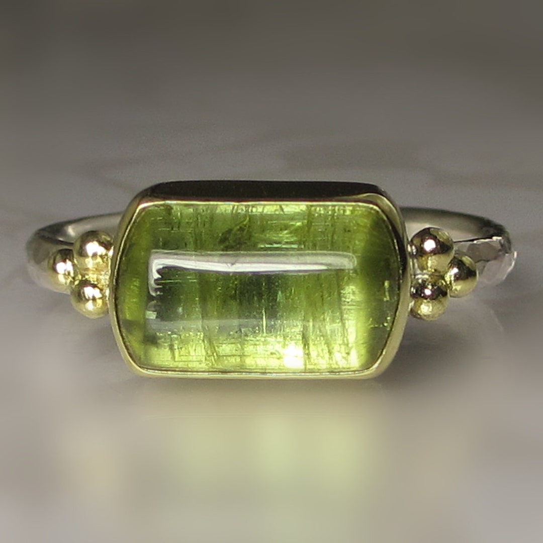 Green Tourmaline Ring, 18k Gold and Sterling Silver Granulated Ring ...