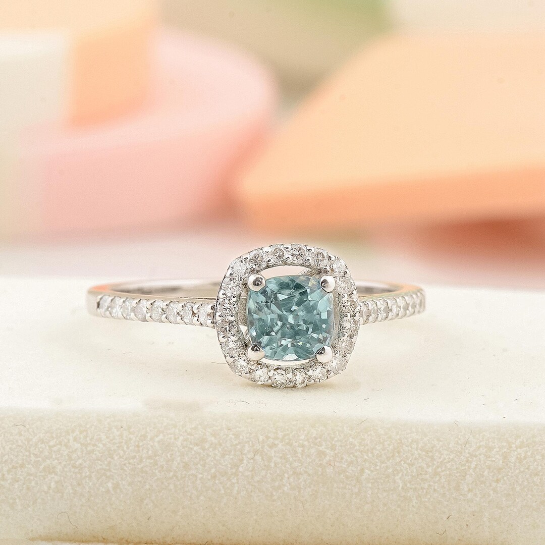 Solid Gold Light Blue Zircon Engagement Ring, Natural Cushion Cut ...