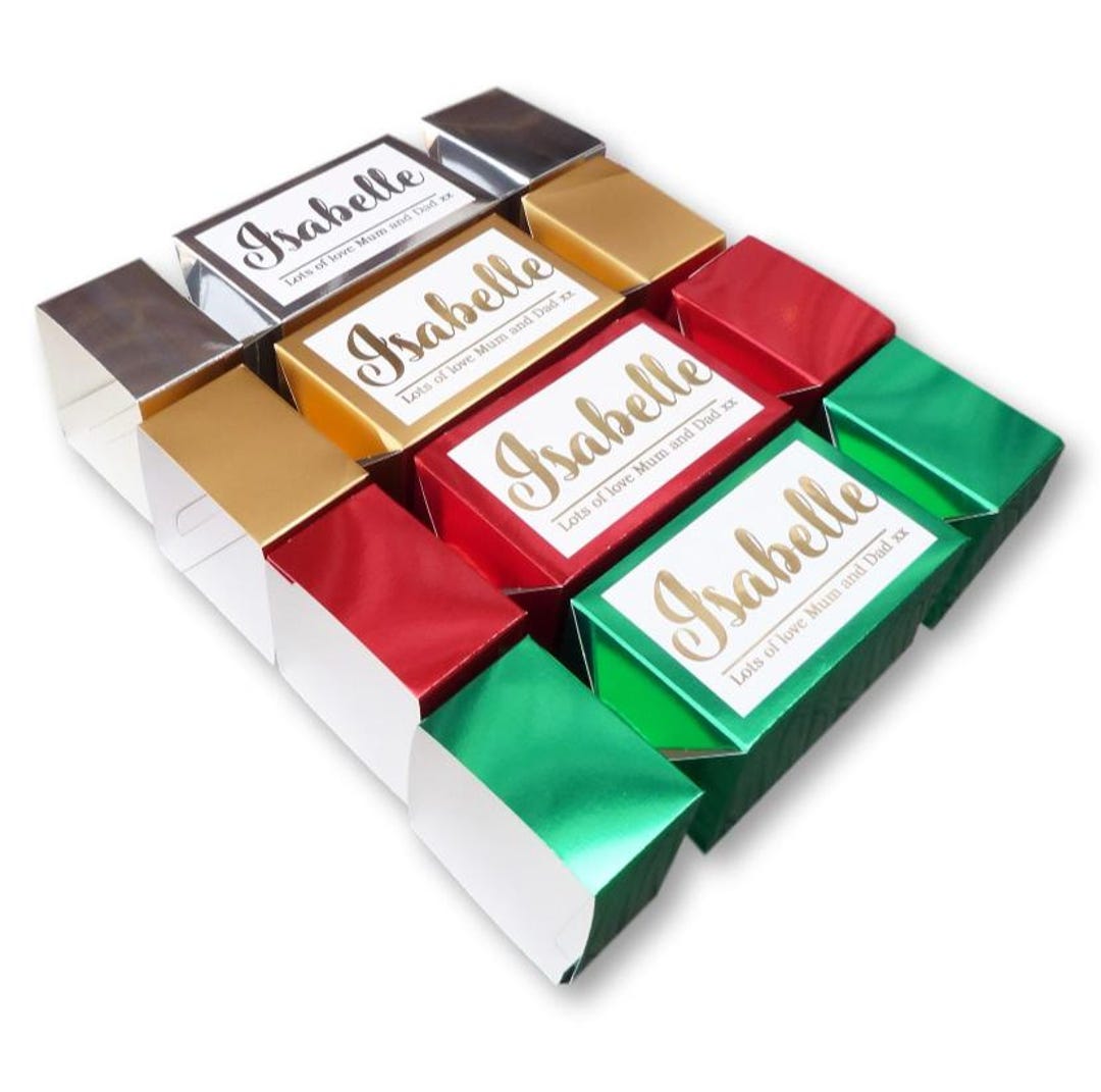 Personalised Christmas Cracker Gift Box Printed Name Message Gold Green ...