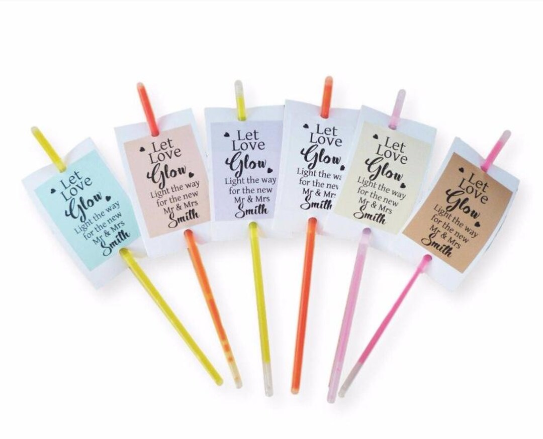 50 X Personalised Let Love Glow Glowstick Tags Wedding Party Birthdays ...