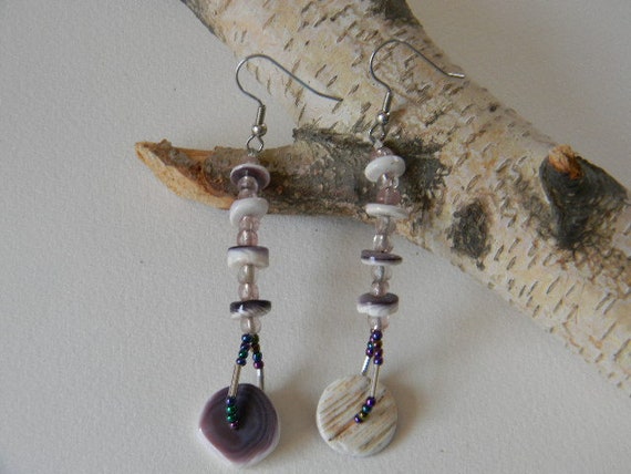 Wampum Shell Disc Earrings Drop Earlobe Glass Beads Silver - Etsy
