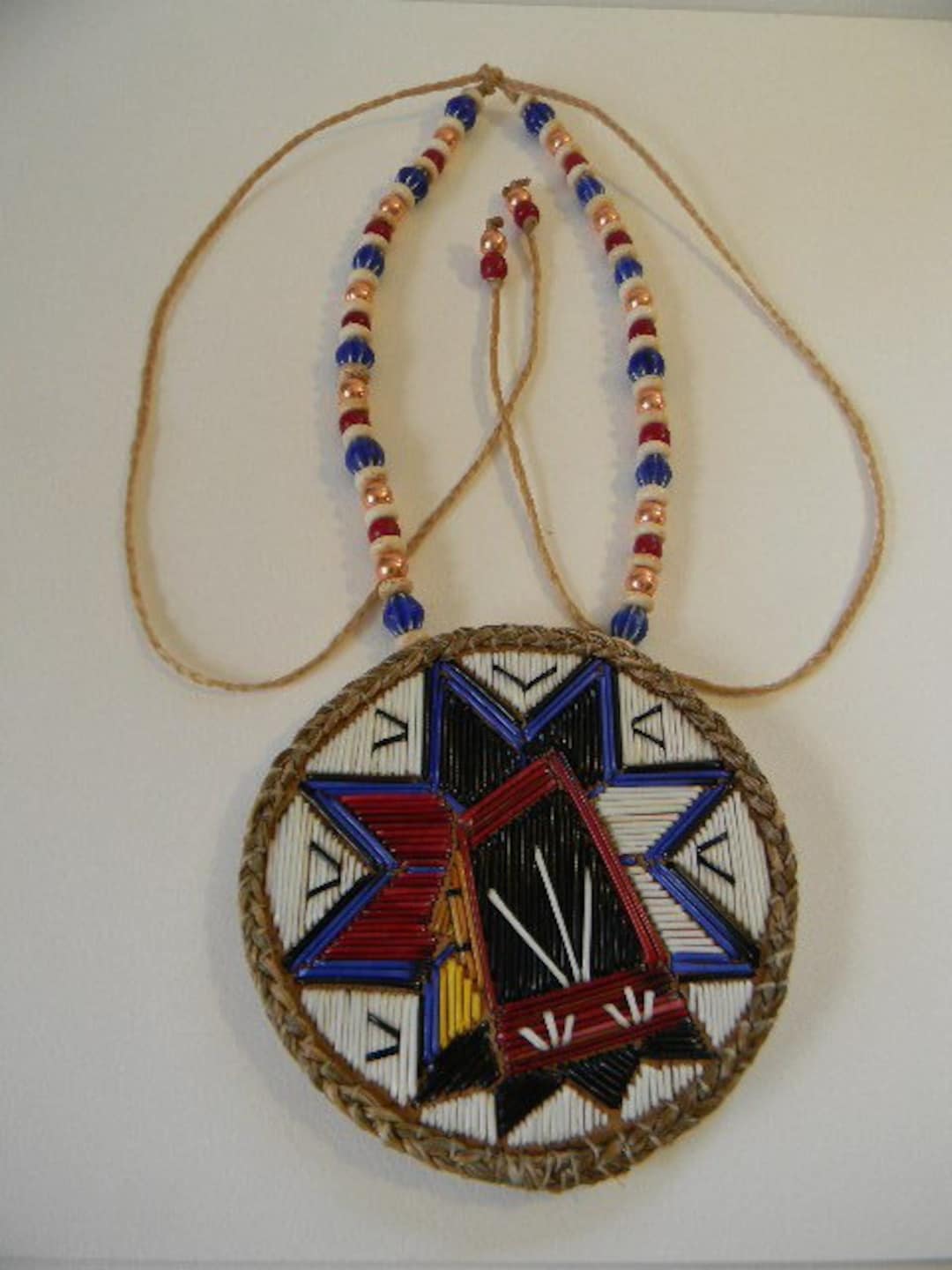 Mi'kmaq Porcupine Quilled Medallion Necklace, Beads, Mi'kmaq Woman in ...