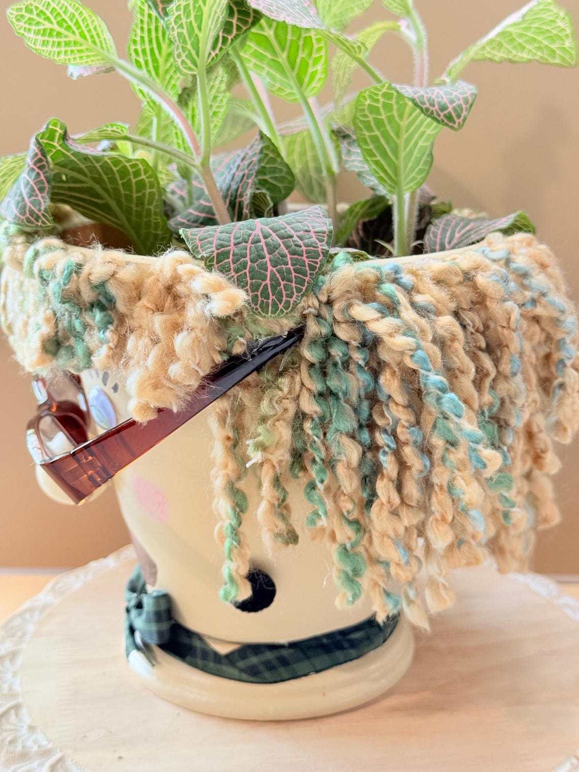 Woman Face Flower Pot With Glasses, Handmande Planter, Unique Yarn Hair ...