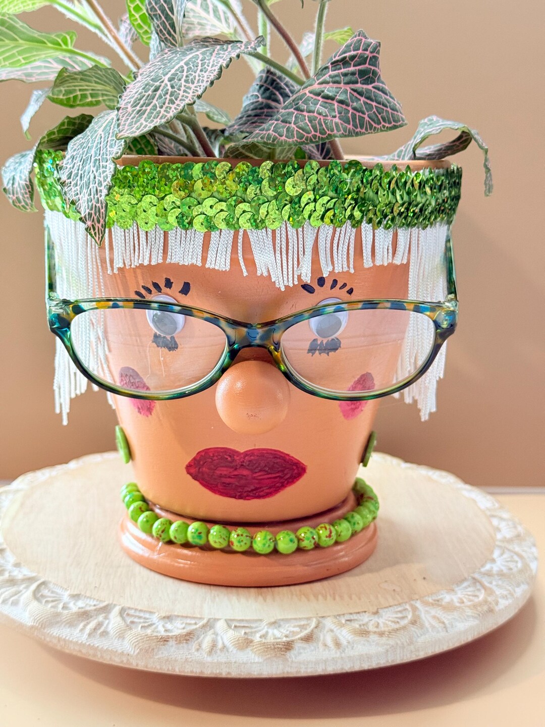 Grandma Flower Pot, Handmande Ceramic Planter, Unique Yarn Hair Planter ...