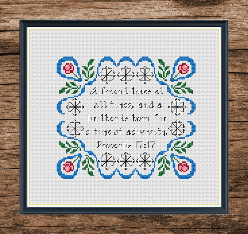 Proverbs 17:17 Christian Cross Stitch Pattern Ribbons Flowers Border ...