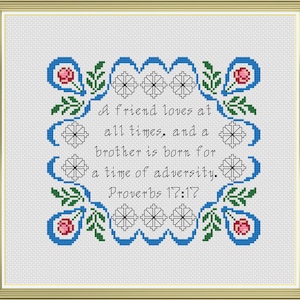Proverbs 17:17 Christian Cross Stitch Pattern Ribbons Flowers Border ...