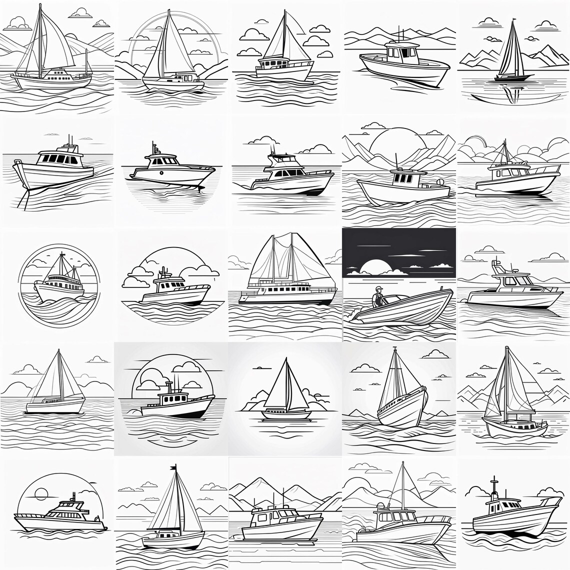 Serene Nautical SVG Collection - 30 Boat and Sailboat Line Art Designs ...
