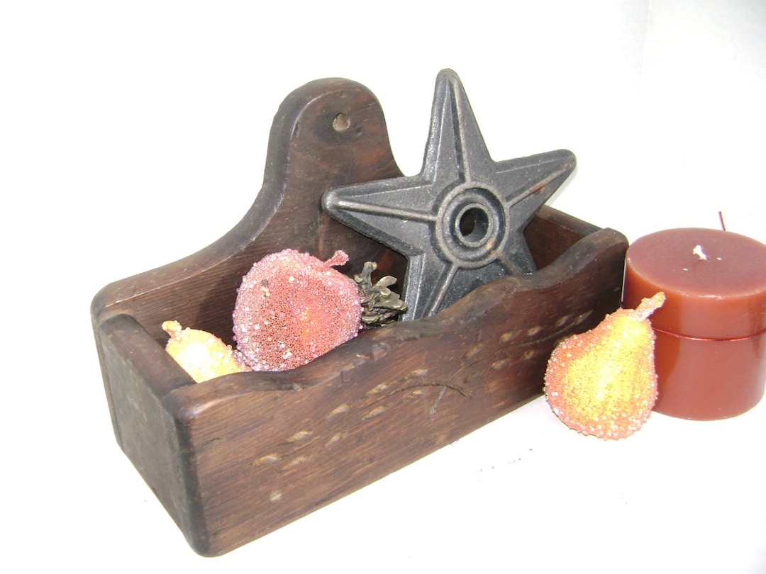 Vintage Folk Art Candle Box, Primitive Handmade Spoon Carved Wooden ...