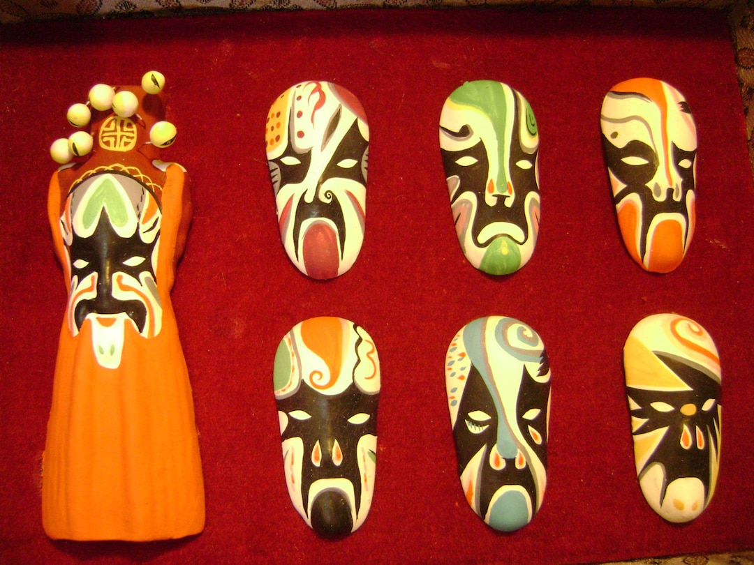 Vintage Set of Miniature Chinese Opera Masks, Boxed Set of 7 ...