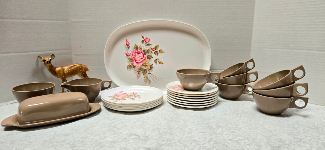 Vintage Boonton Melmac Dinnerware Set: Pink Roses, Brown Accents, 24 Piece - Etsy