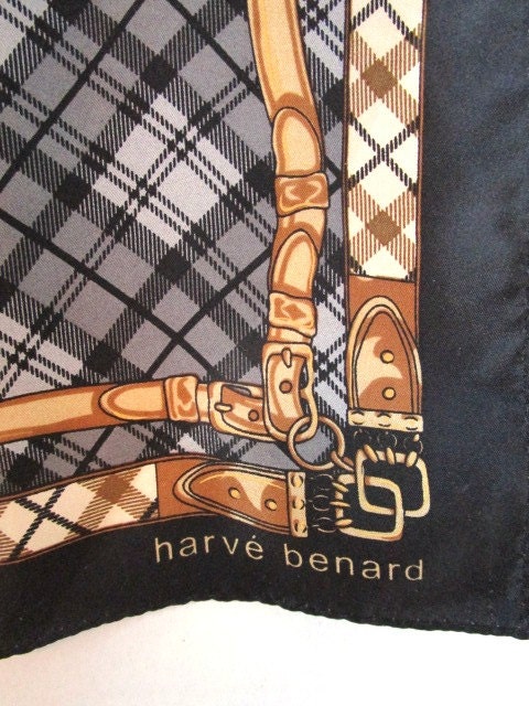 Vintage Harve' Benard Scarf, Square, Black Brown Gold Belt Design, High ...