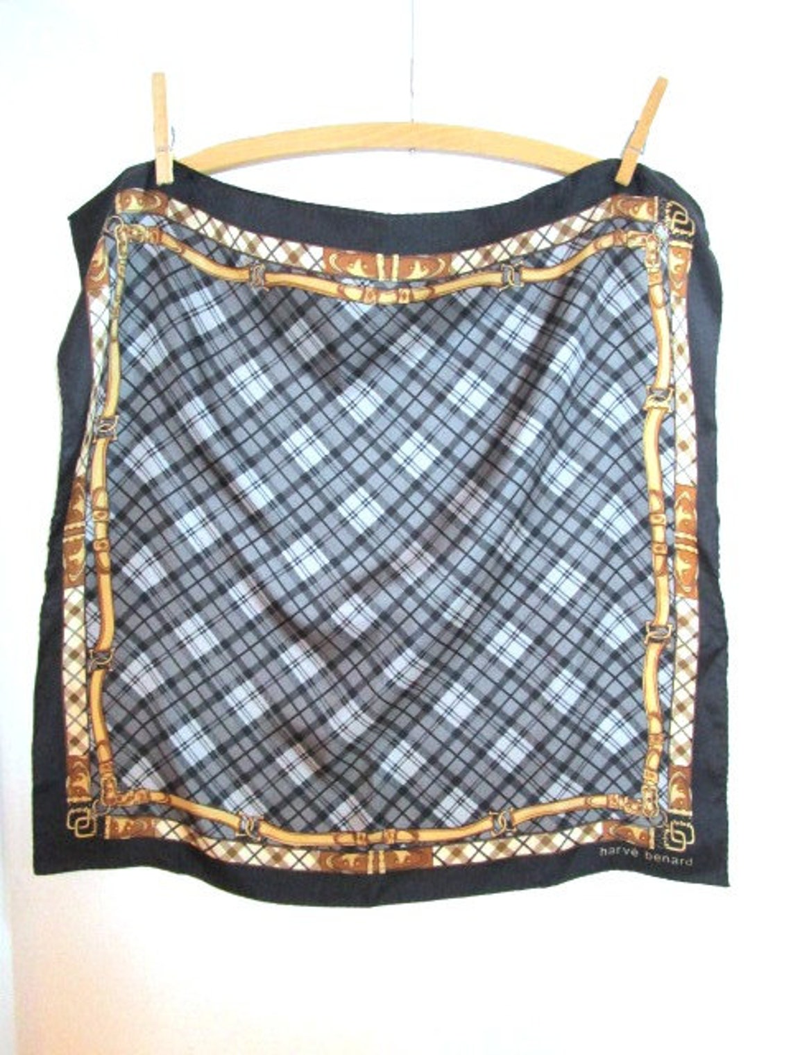 Vintage Harve' Benard Scarf, Square, Black Brown Gold Belt Design, High ...