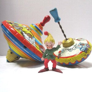 2 Vintage Toy Tops, Ohio Art, Metal, Circus Train + Race Cars, Spinning ...