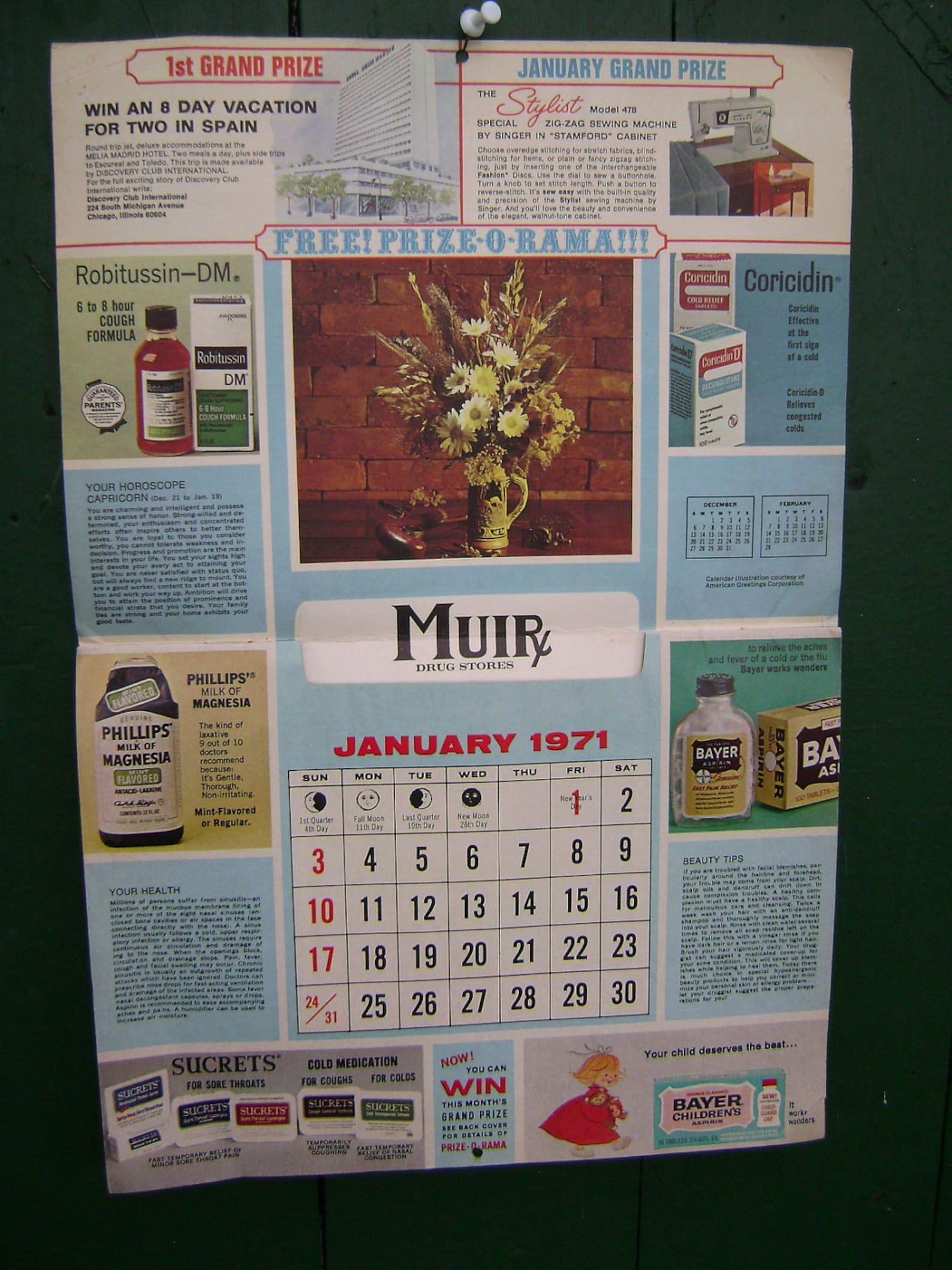 Vintage 1971 Calendar, Muir Drugstore, New Year Advertising, Unused ...