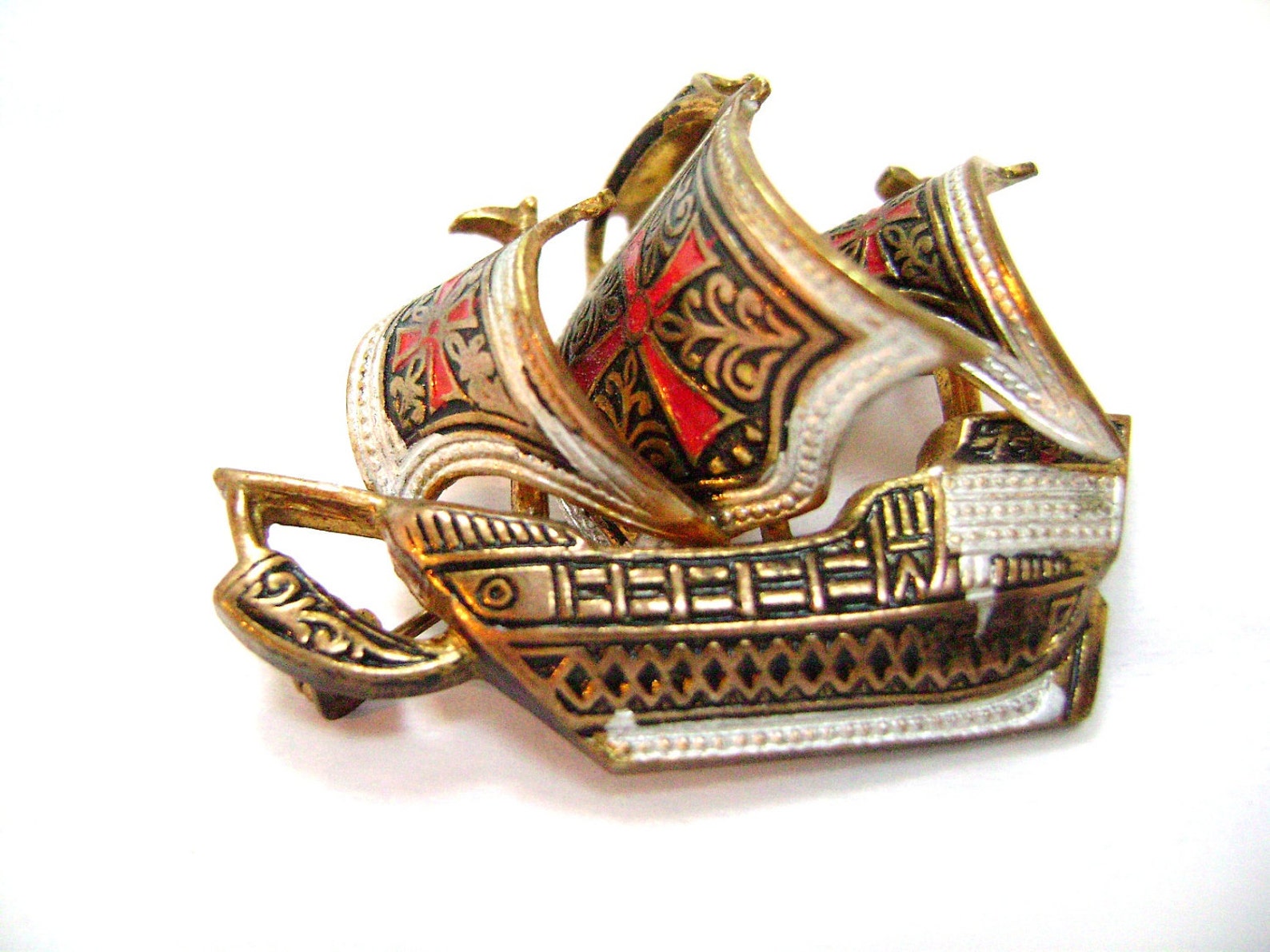 VINTAGE Brooch, Spanish Galleon Shaped Pin, Marked Spain, Damascene ...