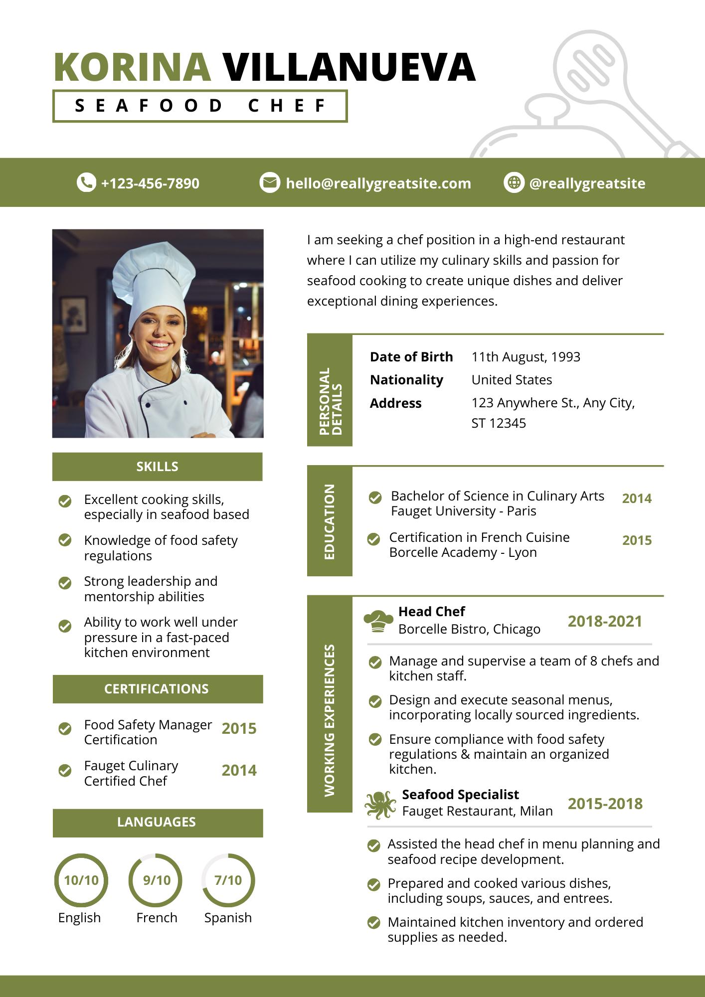 Chef Resume Template Microsoft Word Restaurant CV Template Hospitality ...