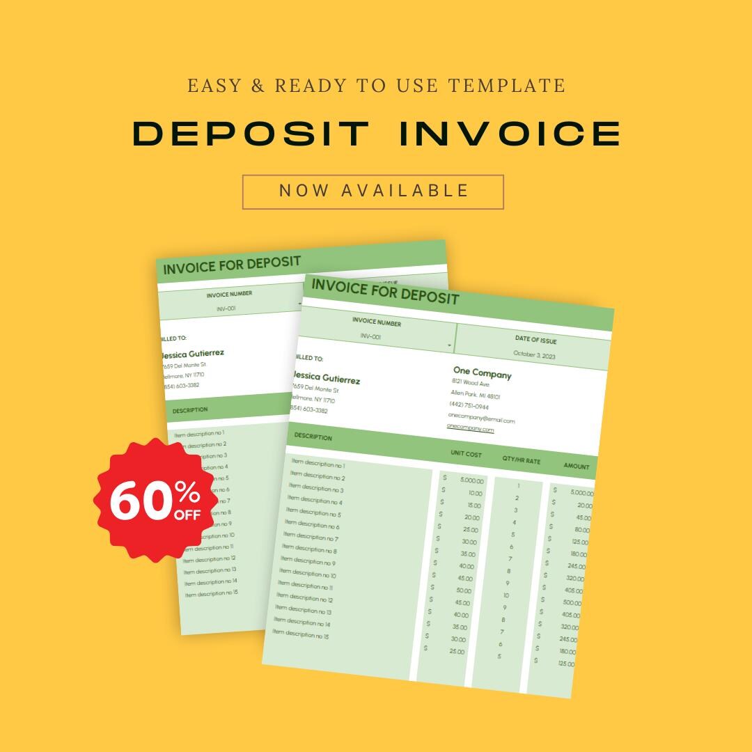 Deposit Invoice Template, Customizable MS Word & Excel, Professional ...