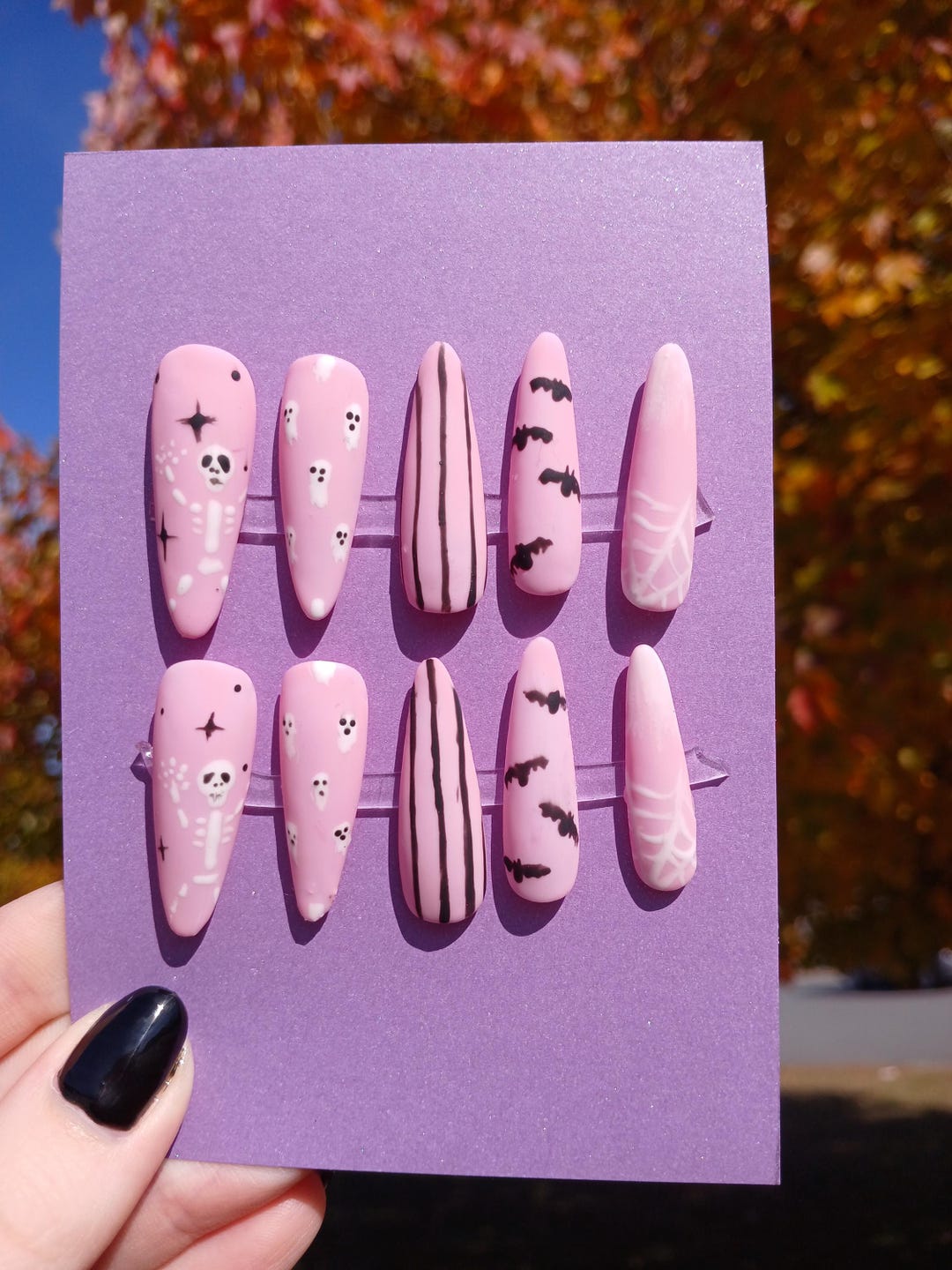 Hawaii Pink Long Matte Pointy Hand Painted Nails Ghost Spiders Bats - Etsy
