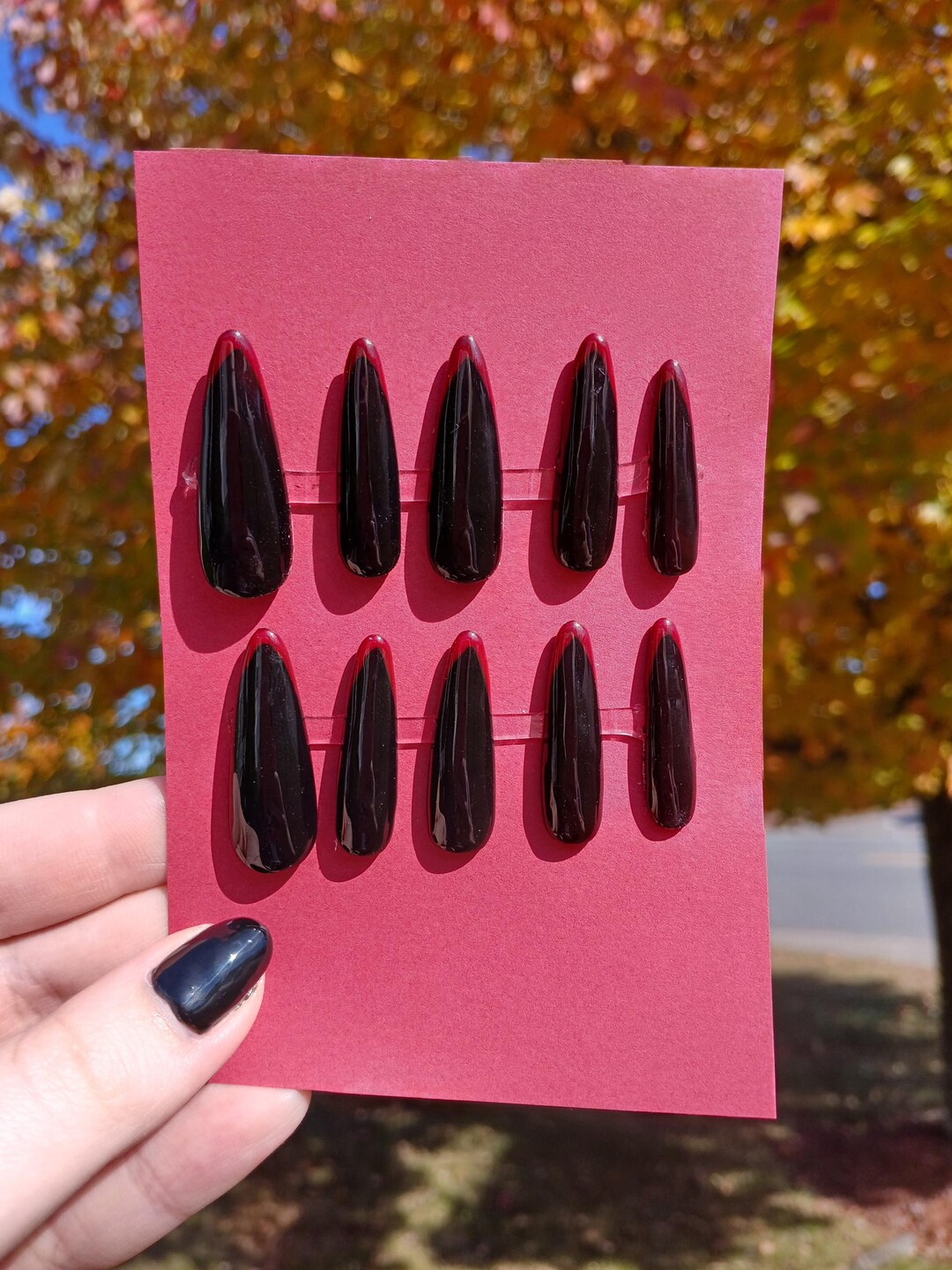 Hand Painted Red French Tip Long Pointy Black Nails - Etsy