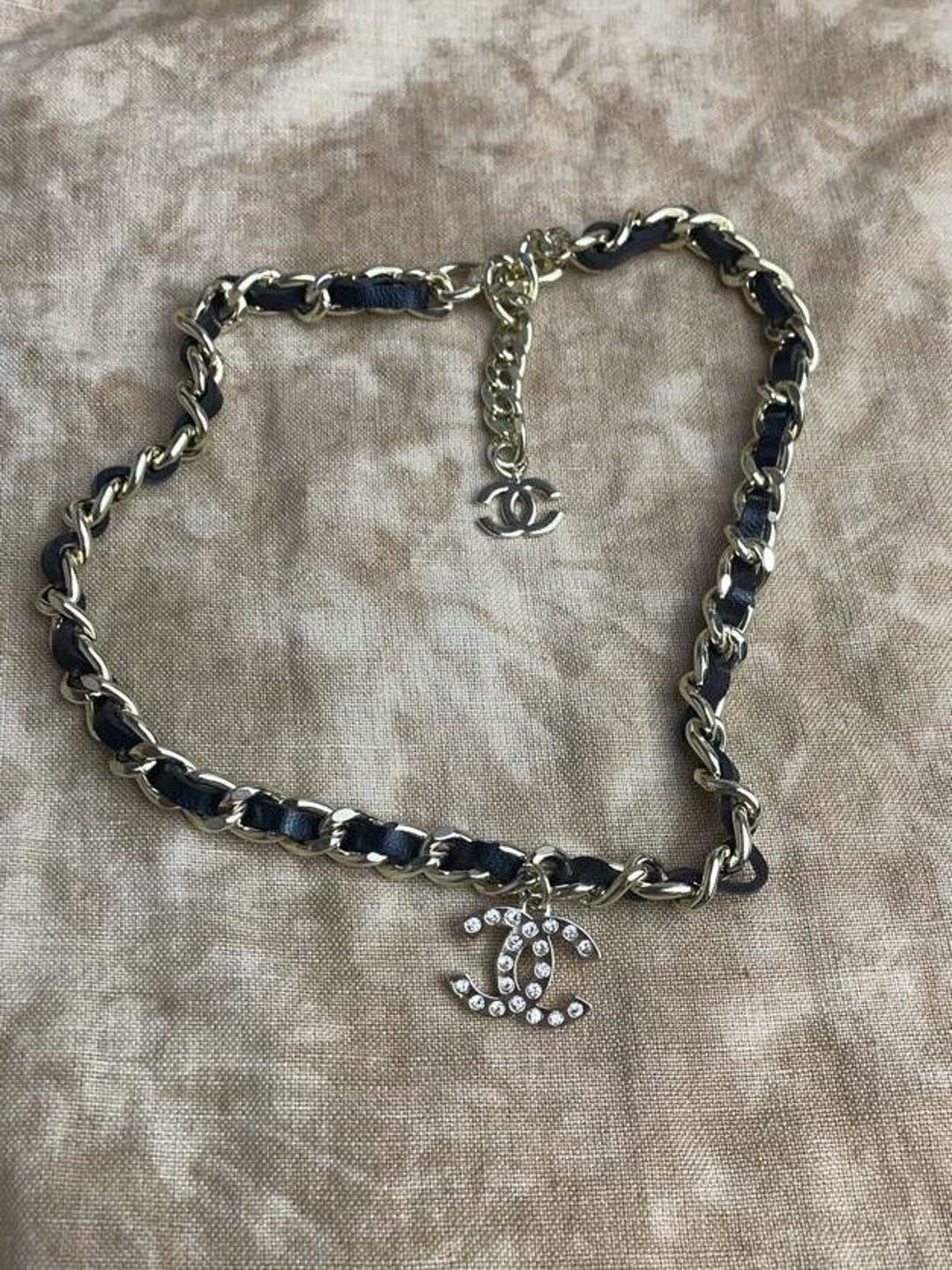CHANEL Gold Rolo Chain Black Ribon CC Crystal Charm Fashion Necklace - Etsy