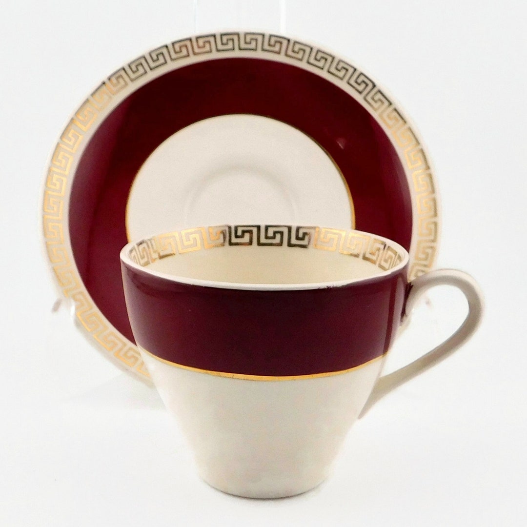 Vintage SOL J and G Meakin Cream Color and Crimson Greek Key Demitasse ...