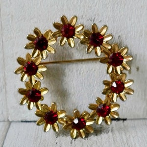 Vintage Gold Tone Circle With Flowers and Ruby Red Rhinestones Brooch ...