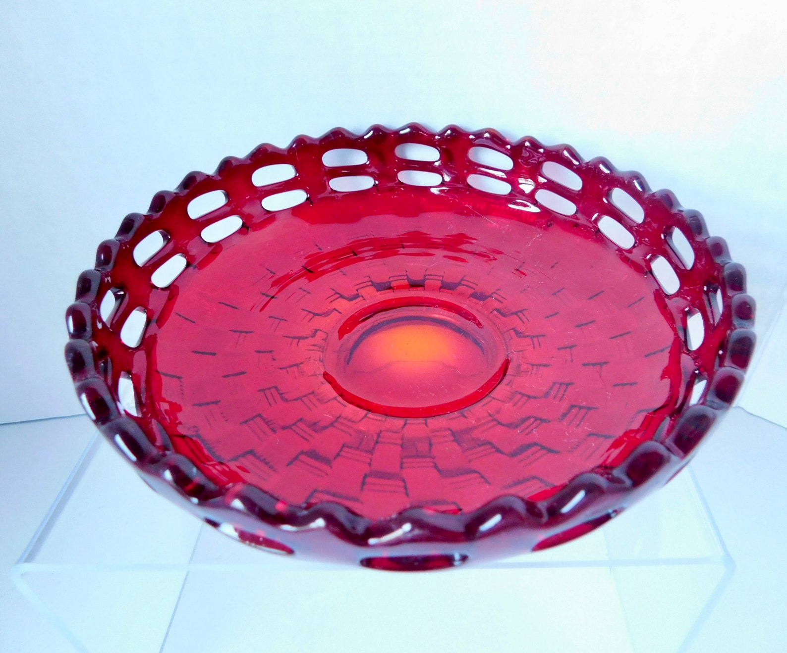 Vintage Fenton Art Glass Ruby Red Basket Wave 2 Rows Open | Etsy