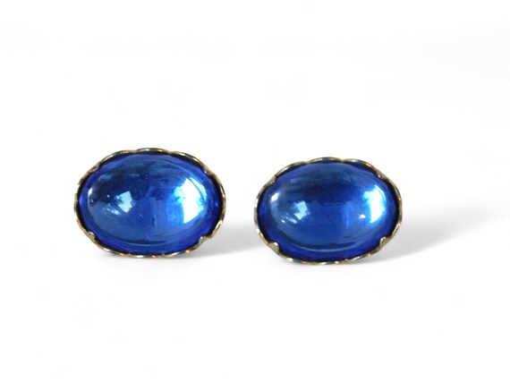 Vintage EMMONS Gold tone Blue Glass Cabochon Earrings. - Gem