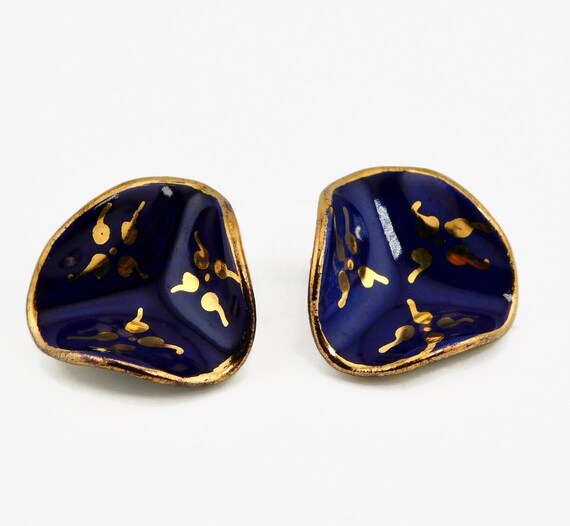 Vintage Cobalt Blue and Gold Artisan Made Ceramic Ear… - Gem