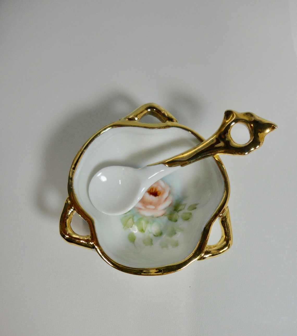 Hand Painted Flower Porcelain Condiment Bowl with Spoon. | Etsy