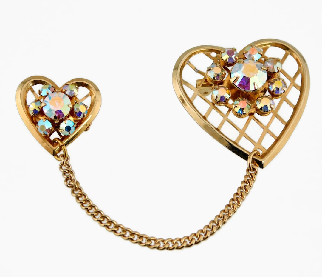 Vintage Gold Tone With Floral AB Rhinestones Duo Brooch Set With Chain ...
