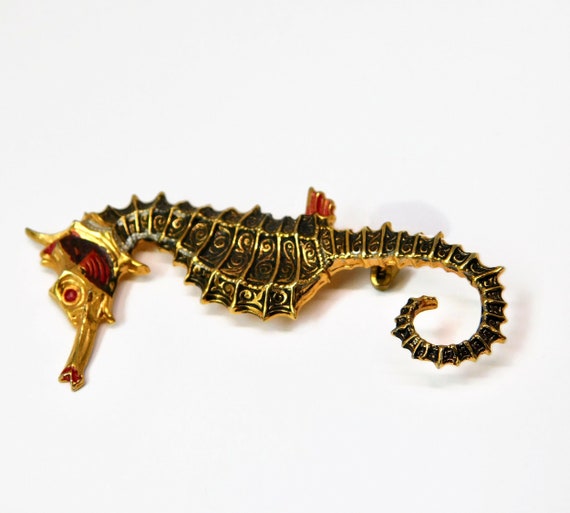 Vintage Spanish Damascene Seahorse Brooch - Gem