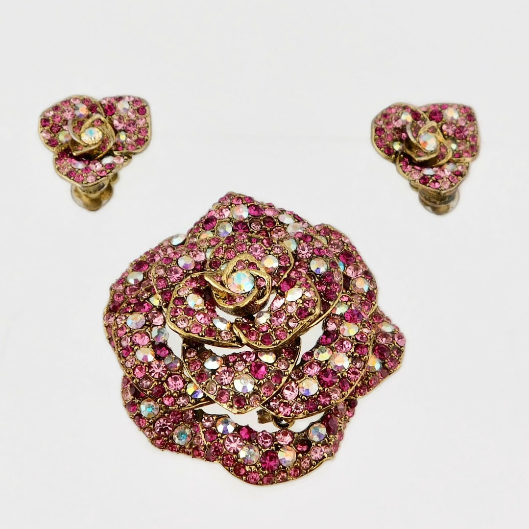 NICKY BUTLER Shades of Pink and AB Rhinestones Floral Demi Parure ...