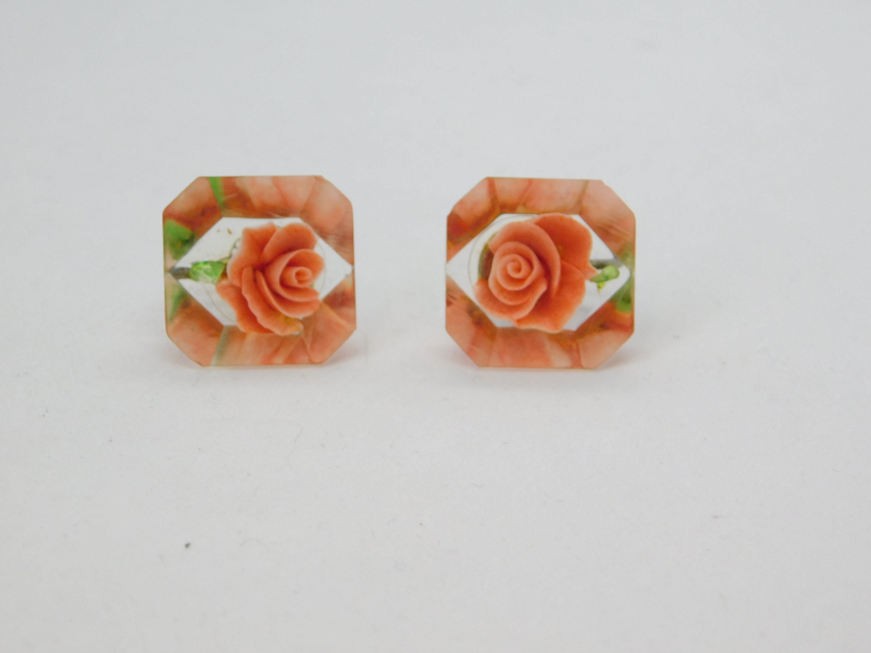 Vintage Clear Resin With Pale Orange Rose Screw Backs - Etsy