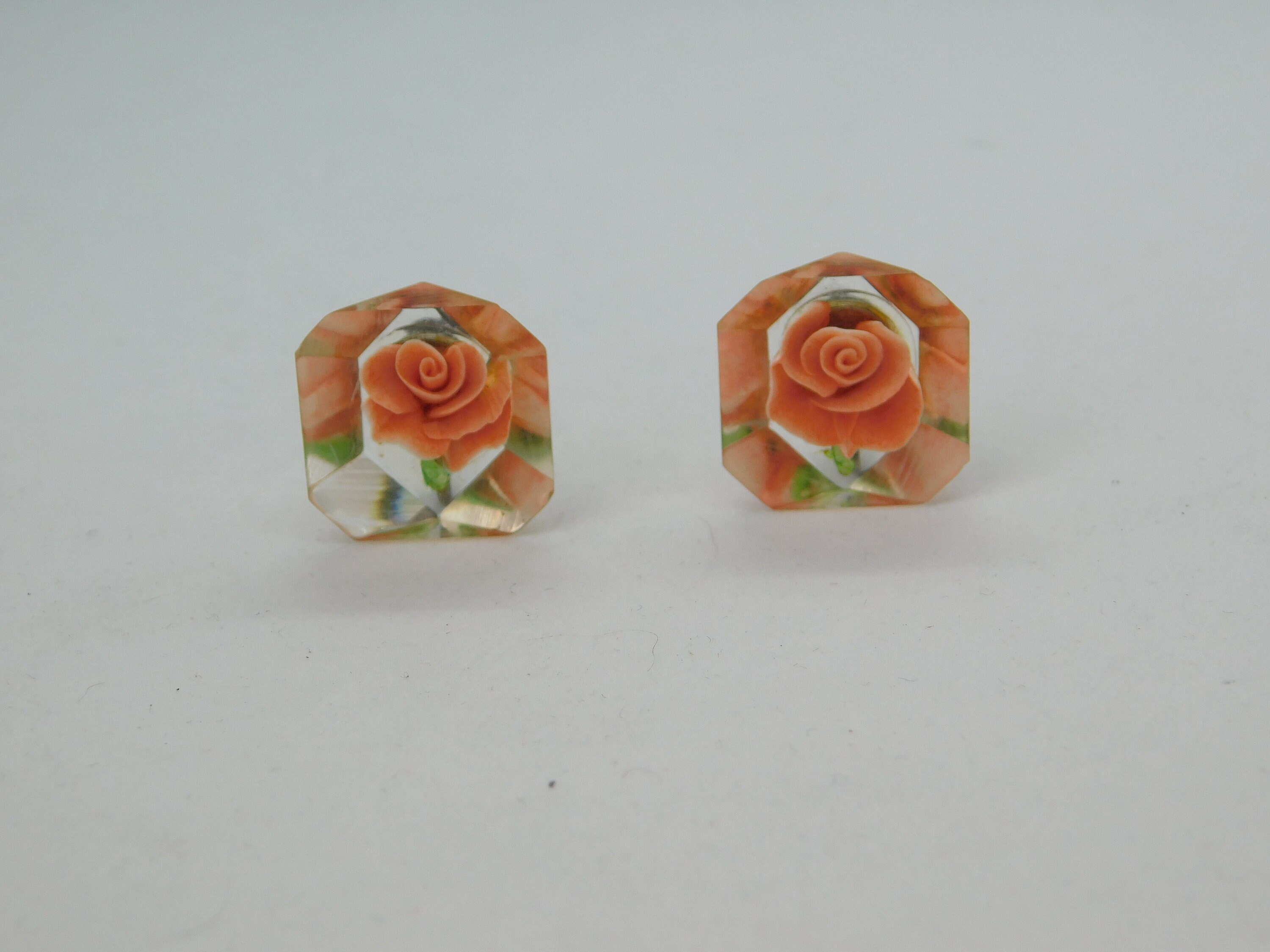 Vintage Clear Resin With Pale Orange Rose Screw Backs - Etsy