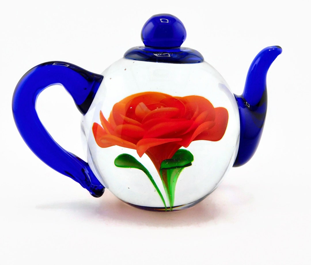 Vintage Art Glass Teapot Paperweight With Orange Flower. Dynasty ...